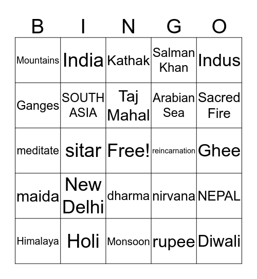 India Bingo! Bingo Card