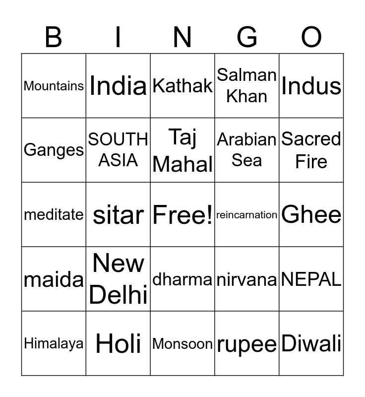 India Bingo! Bingo Card