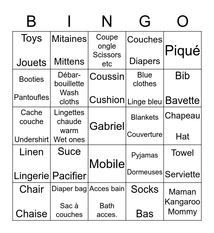 BABY BINGO BÉBÉ Bingo Card
