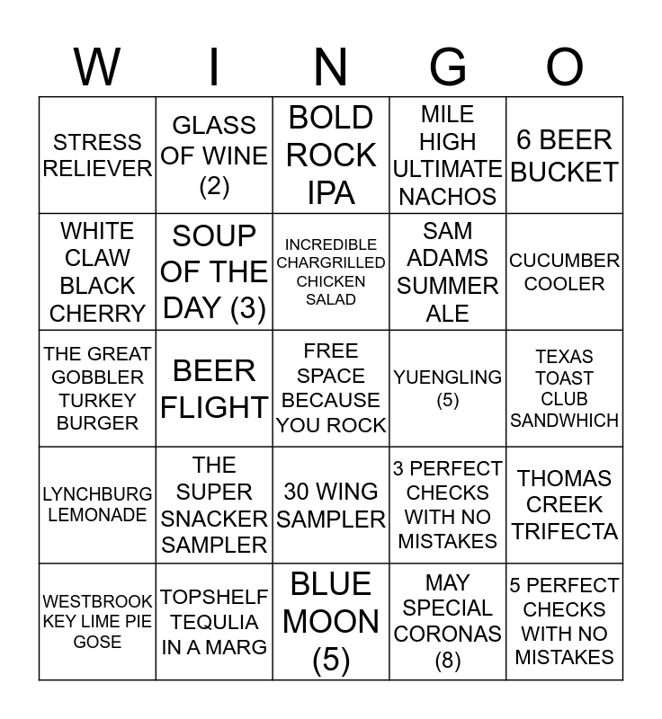 WILD WING CAFE WINGO Bingo Card