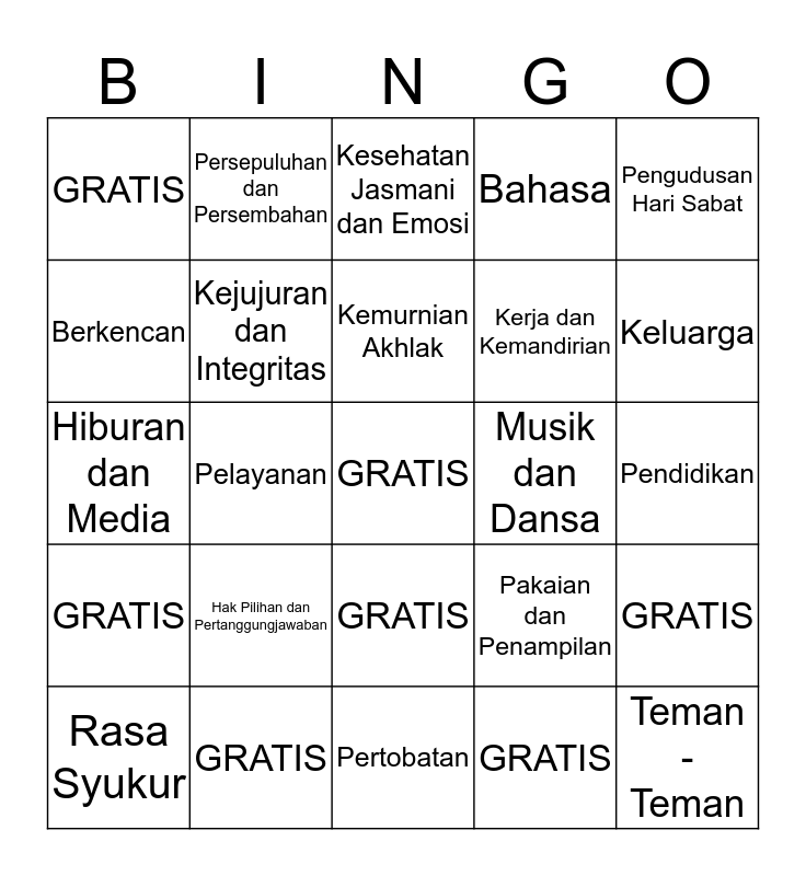 Untuk Kekuatan Remaja Bingo Card