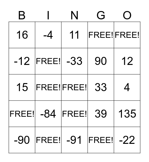 Pre-Algebra Bingo Card