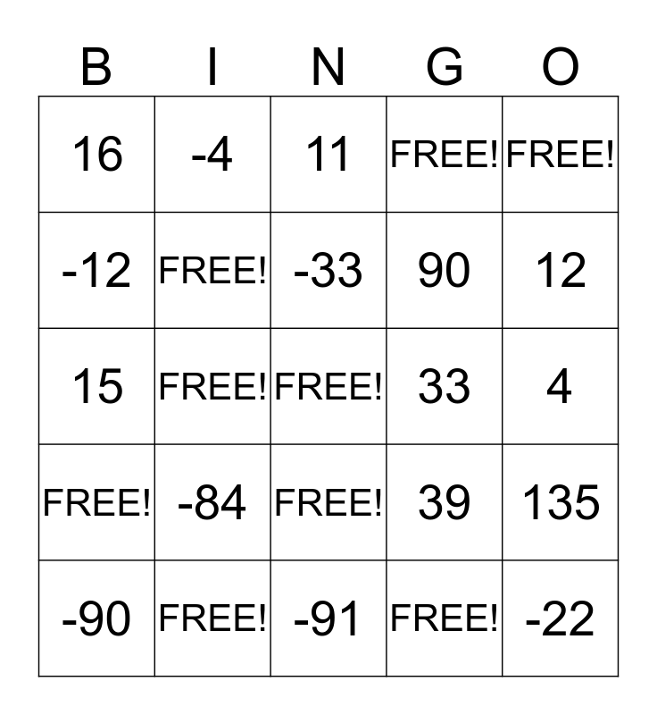 Pre-Algebra Bingo Card