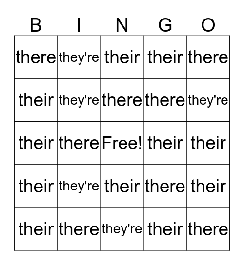 There, Their, They're Bingo Card