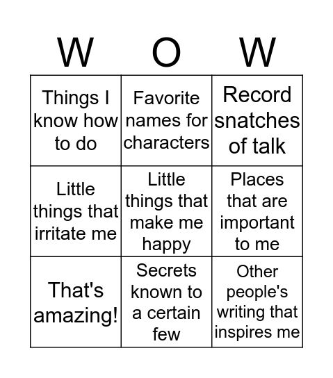 Writer's Notebook Challenge Bingo Card