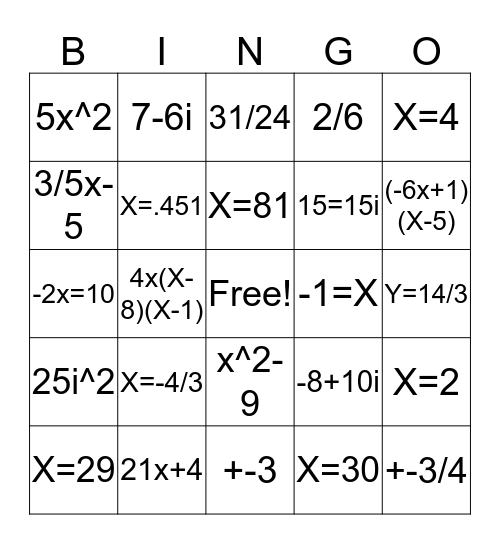 MATH BINGO Card