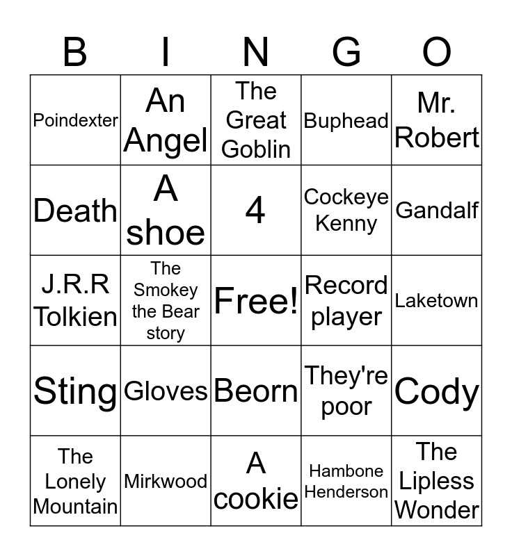 The Hobbit Bingo Card