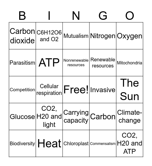 Ecosystems Bingo Card