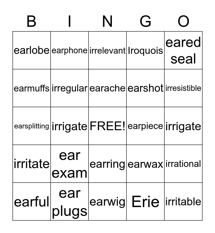 EAR Bingo Card