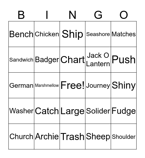 Ch, J, Sh Bingo Card