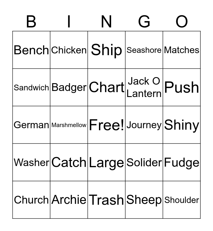 Ch, J, Sh Bingo Card