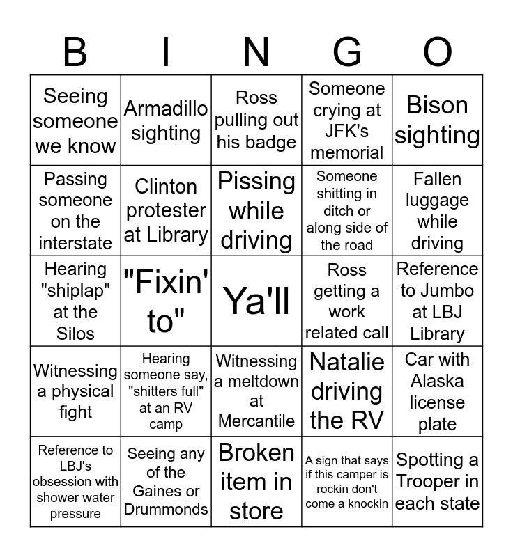 RV Road Trip Bingo Card
