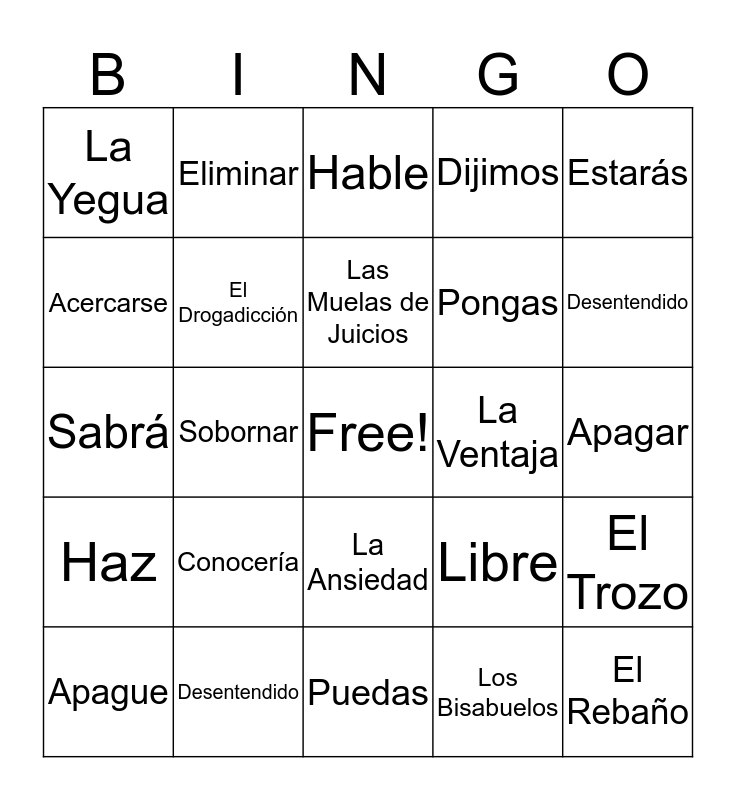 Bingo de Español Bingo Card
