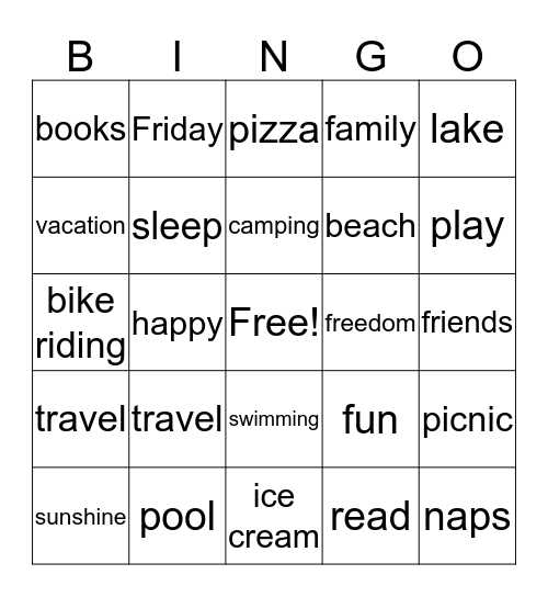 Summer Vacation Bingo Card