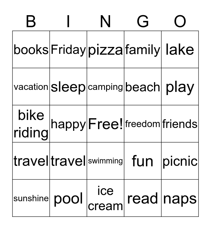 Summer Vacation Bingo Card