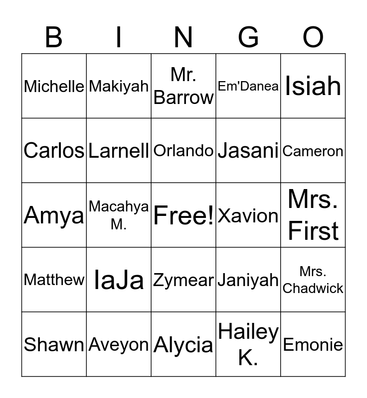 Names Bingo Card