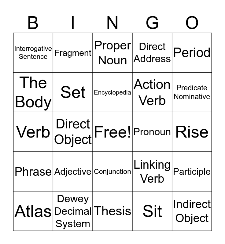 Grammar Bingo Card
