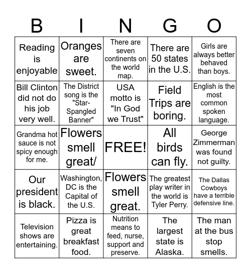 Social Studies Fact and Opinion BINGO Card