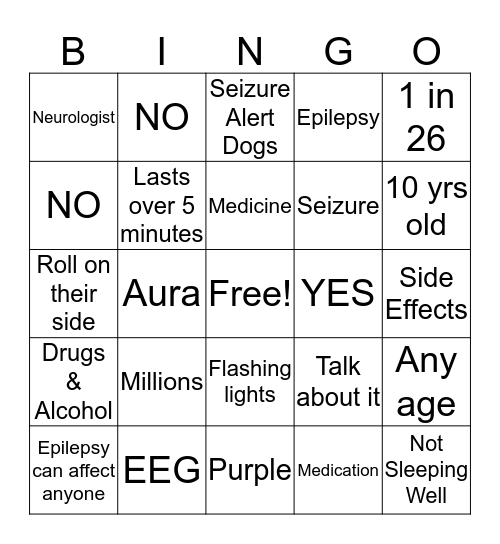 Epilepsy Bingo Card