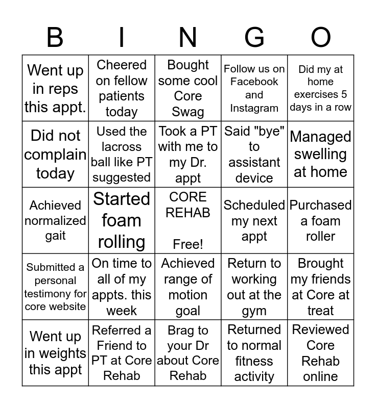 Core Rehab BINGO! Bingo Card