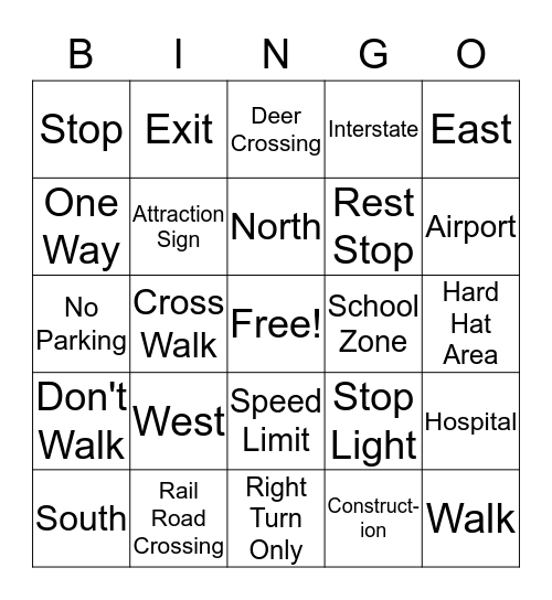 Street Sign Bingo Card