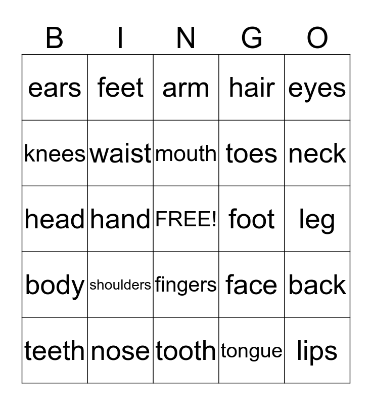 Body Parts Bingo Card