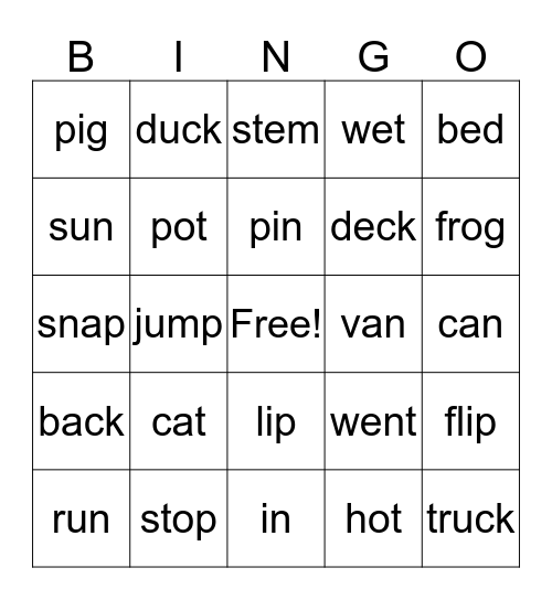 Closed Syllable Bingo Card