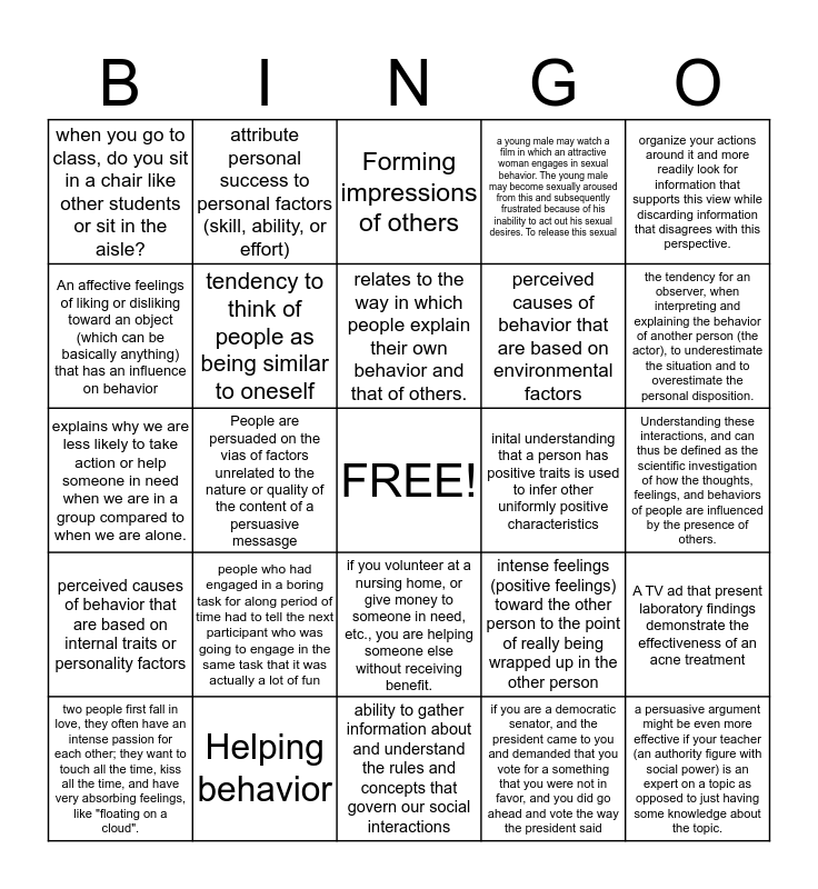 Social Psychology Bingo Card