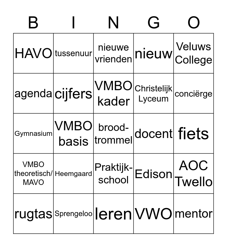 Het grote VO Bingo- spel Bingo Card
