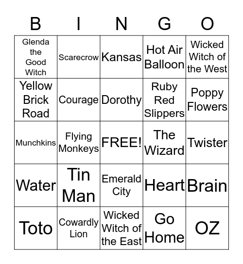 Wizard of Oz Bingo Card