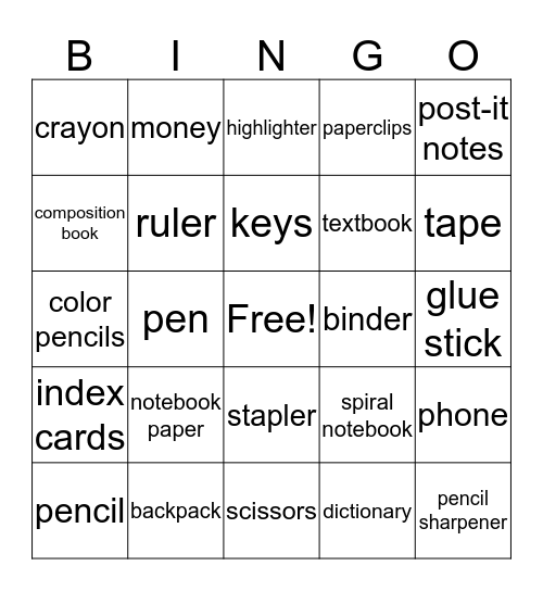 School Supplies Bingo Card