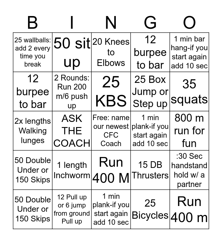CrossFit Calgary Teen BINGO Bingo Card