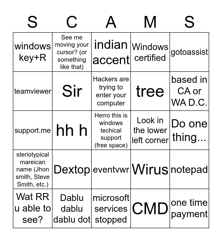 Tech support scammer bingo Card