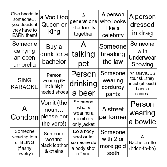 BOURBON STREET BACHELORETTE BINGO Card BOURBON STREET BACHELORETTE BINGO Card