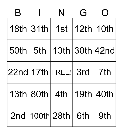 Ordinal Numbers Bingo Card