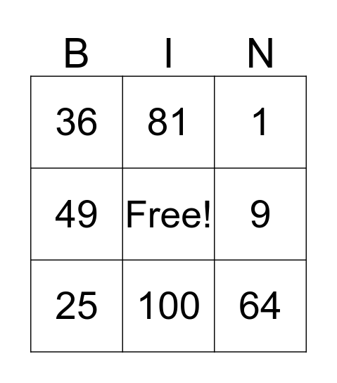 square numbers Bingo Card
