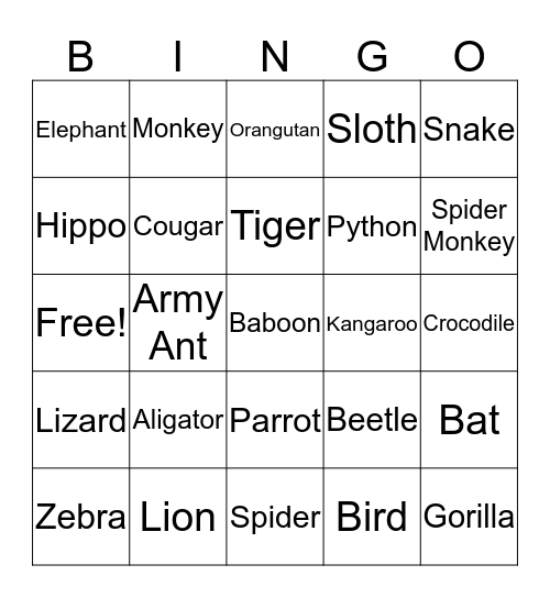 Jungle Animals Bingo Card
