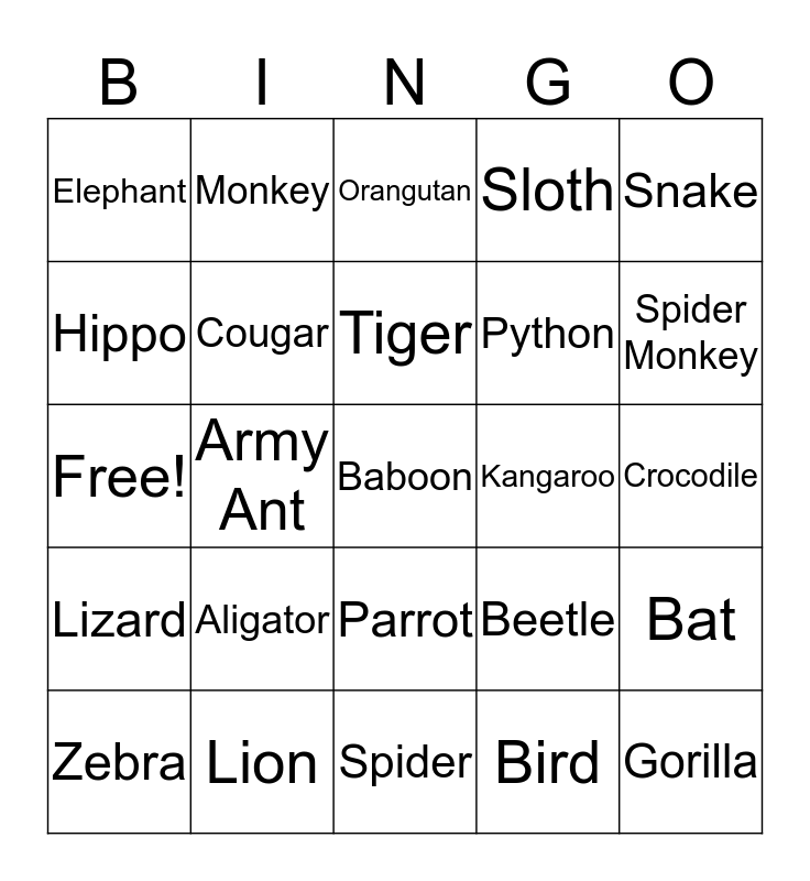 Jungle Animals Bingo Card