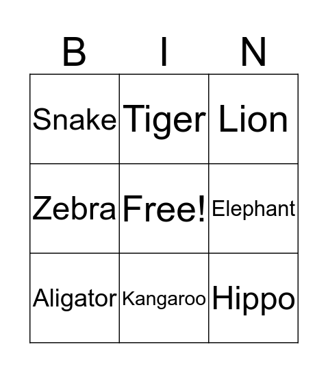 Jungle Animals Bingo Card
