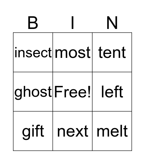 Ending -t Blends Bingo Card