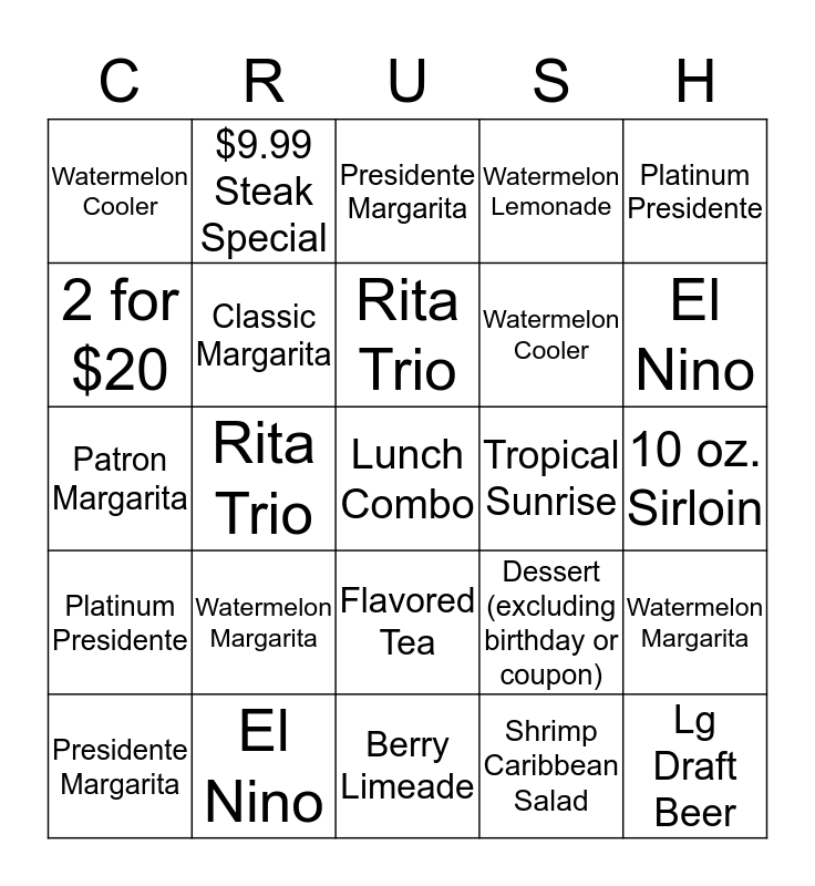 Get Ready For the Rush its Summer Crush Bingo Card