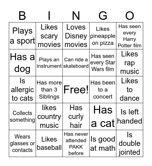 Personality Bingo Card