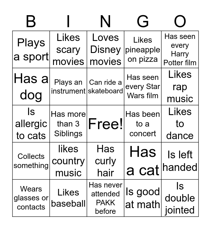 Personality Bingo Card