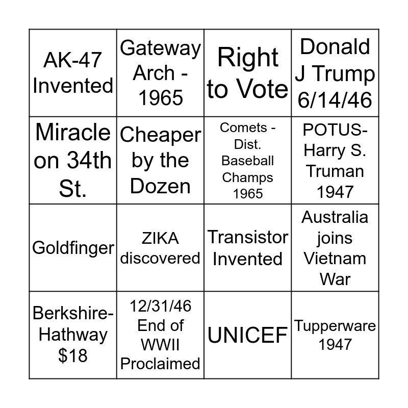 65 BINGO Card 65 BINGO Card