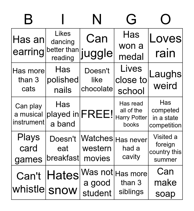 Introduction Bingo Card