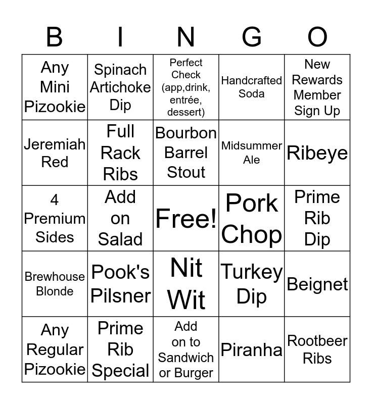 Weekend Dinner Bingo Card