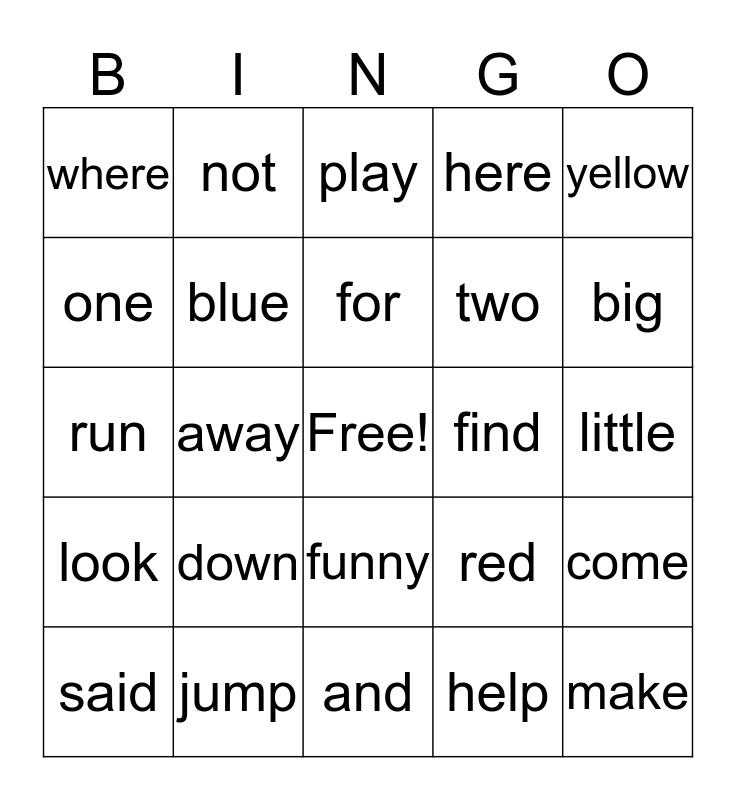 PrePrimer Sight Words Bingo Card