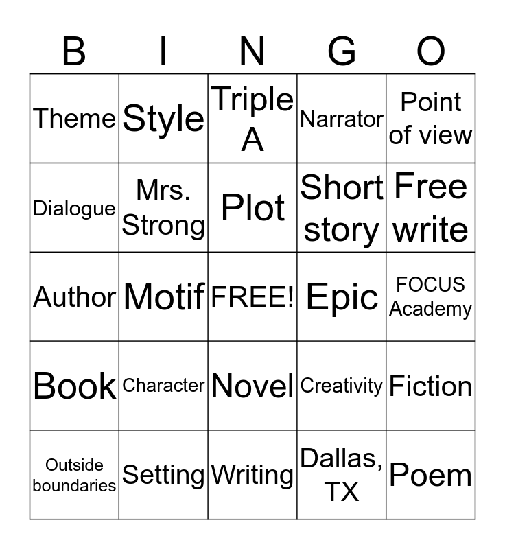 Creative Writing Bingo Card