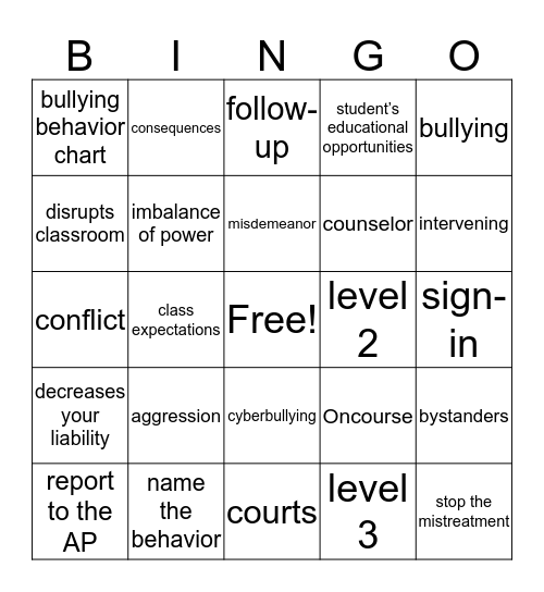 Anti-Bullying Bingo Card