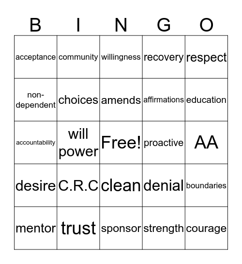 Sober Living Bingo Card